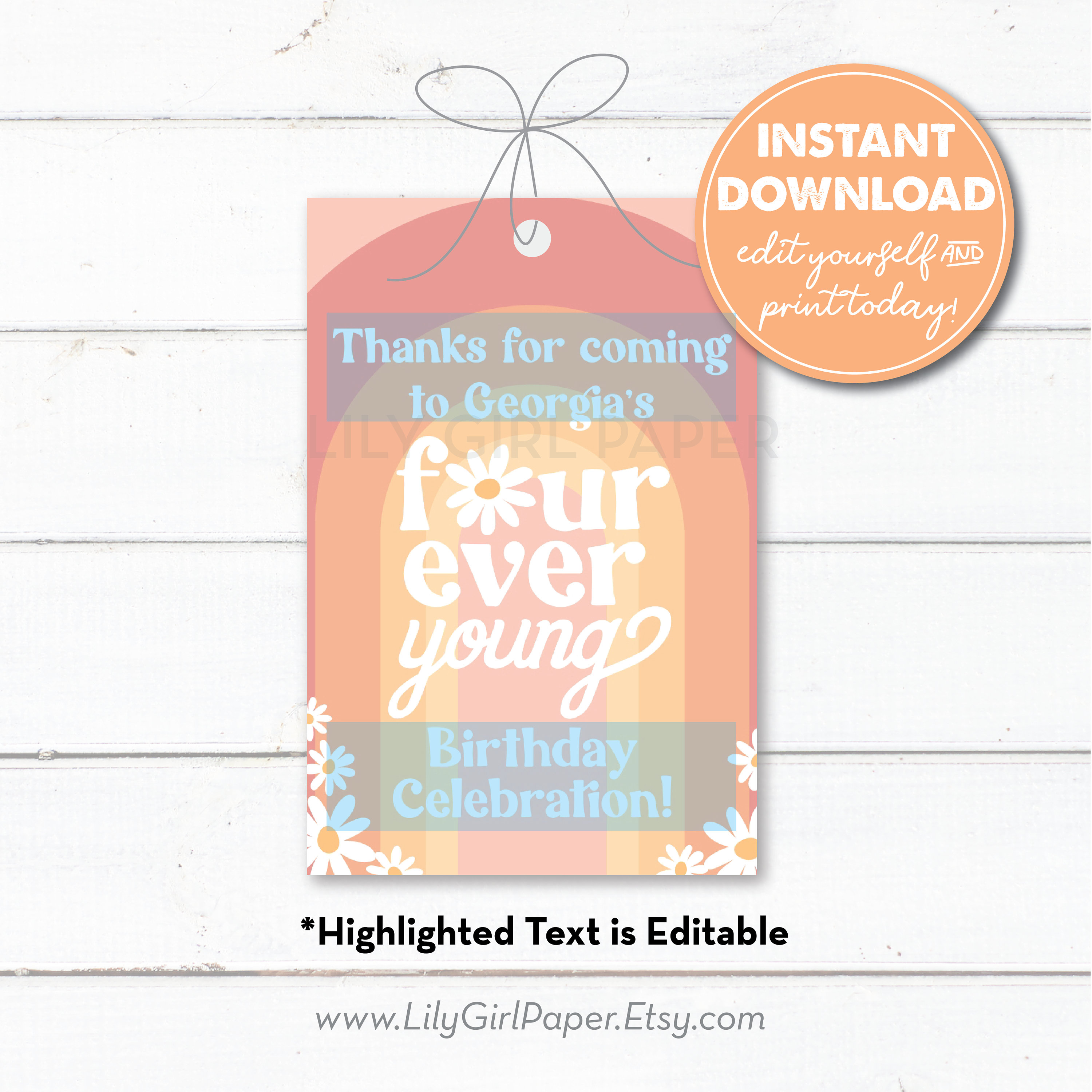 Editable Four Ever Young Girls 4th Birthday Party Favor Tags | Etsy