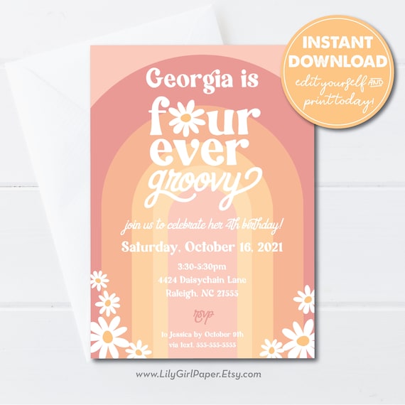 Editable Four Ever Groovy Girl's 4th Birthday Party - Etsy