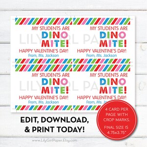 Editable Dino-mite Student Valentine Cards, Teacher Printable ...