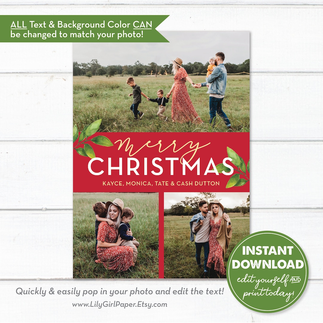 Editable Merry Christmas 3 Photo Holiday Card Template, Vertical ...