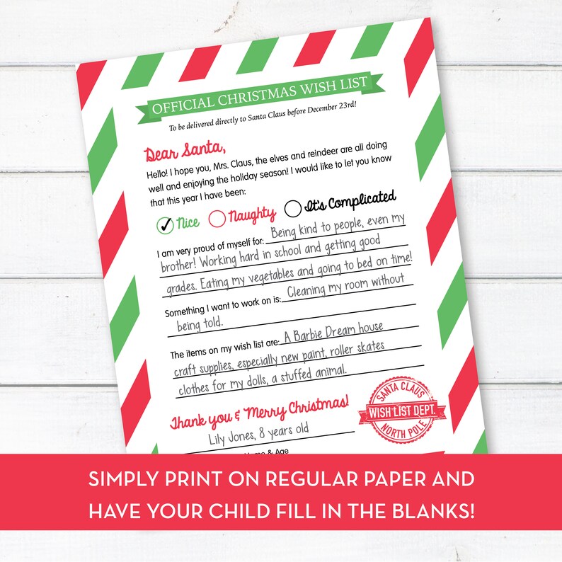 Printable Letter to Santa INSTANT DOWNLOAD Christmas Wish - Etsy