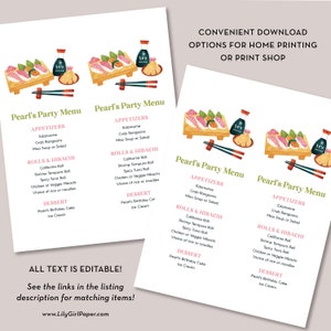 Editable Sushi Birthday Party Menu Template, Hibachi, Sushi Dinner ...