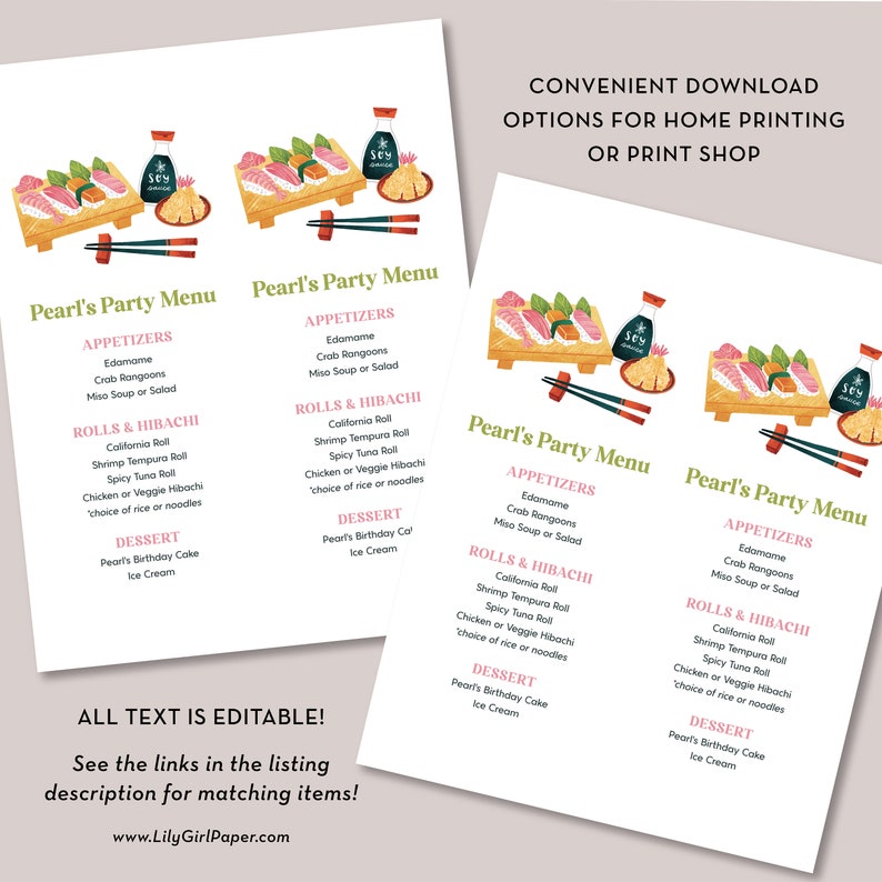 Editable Sushi Birthday Party Menu Template Hibachi Sushi - Etsy