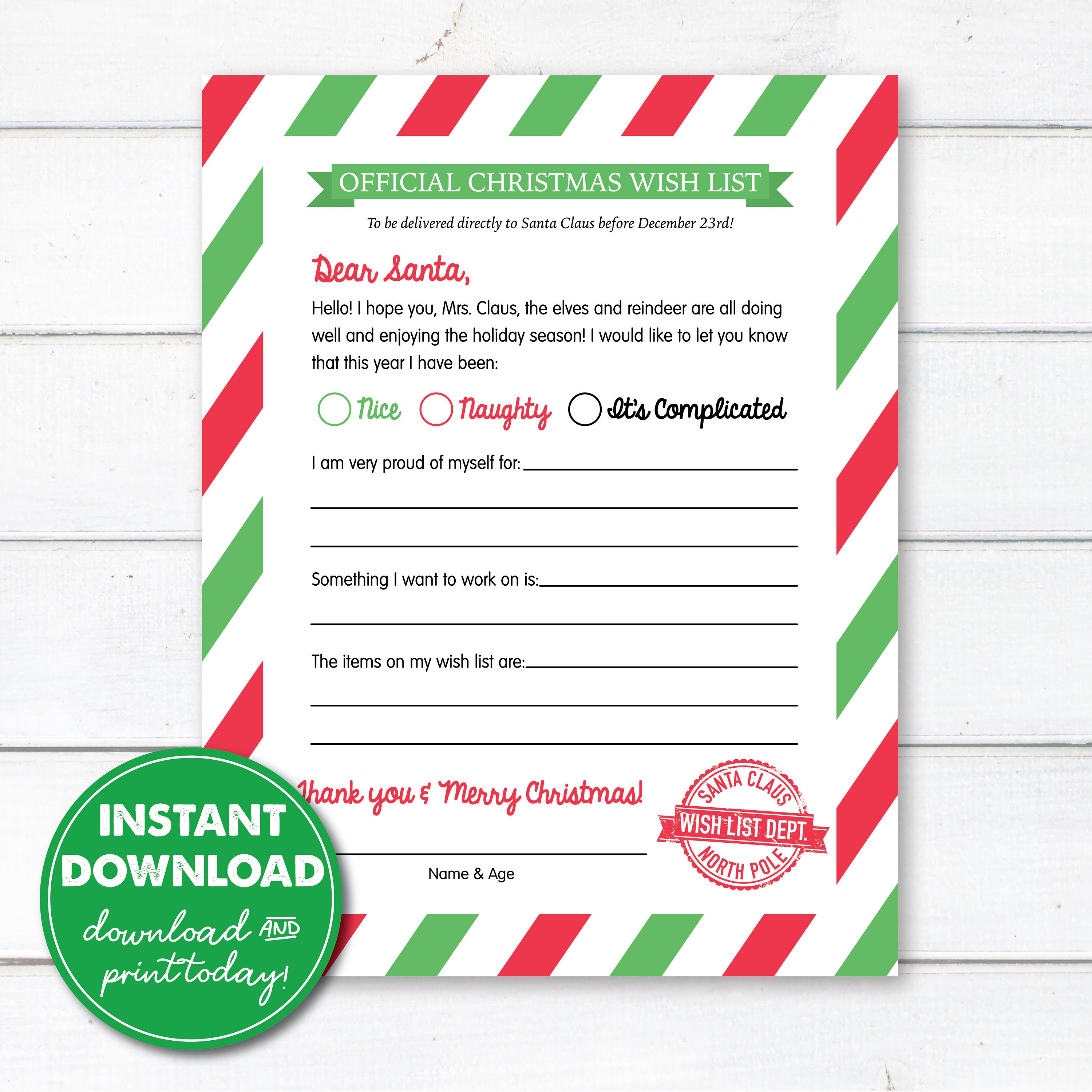 Printable Letter to Santa, INSTANT DOWNLOAD! Christmas Wish List Letter ...
