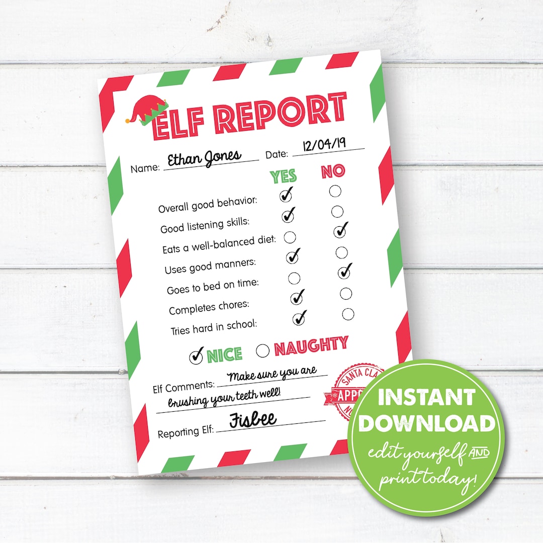 Editable Elf Report Card, INSTANT DOWNLOAD! Christmas Elf Behavior ...