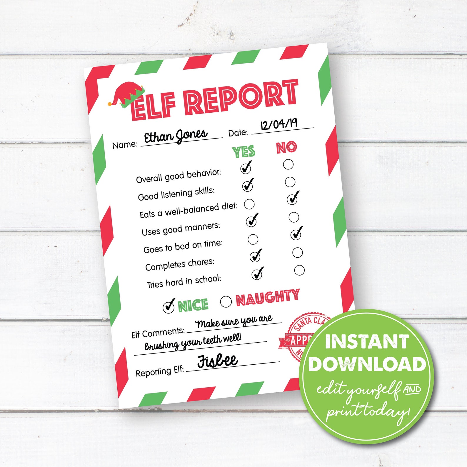 Editable Elf Report Card INSTANT DOWNLOAD Christmas Elf - Etsy