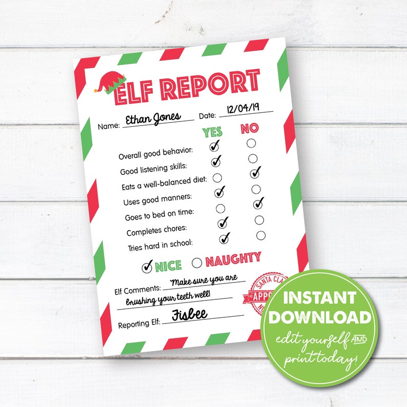 Editable Elf Report Card INSTANT DOWNLOAD Christmas Elf - Etsy