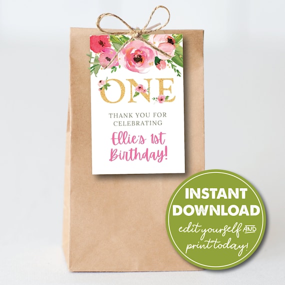 Editable 1st Birthday Party Favor Tag Template, Girl's First Birthday ...