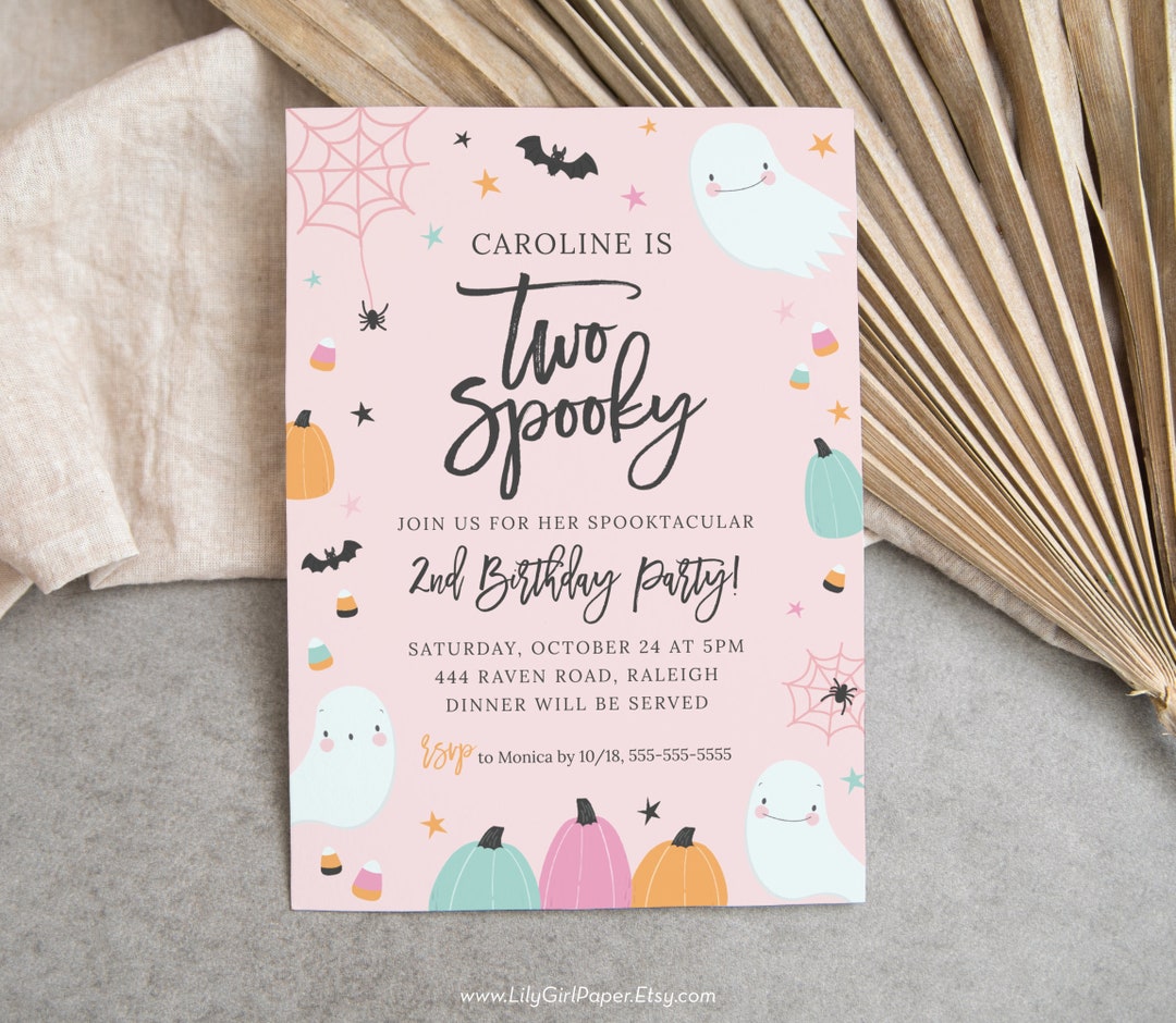 Two Spooky, Girl's 2nd Birthday Party Invitation, Pink Halloween ...