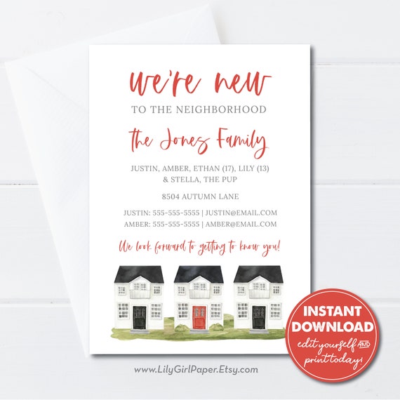 Editable We're New to the Neighborhood Information Card Template, Black ...