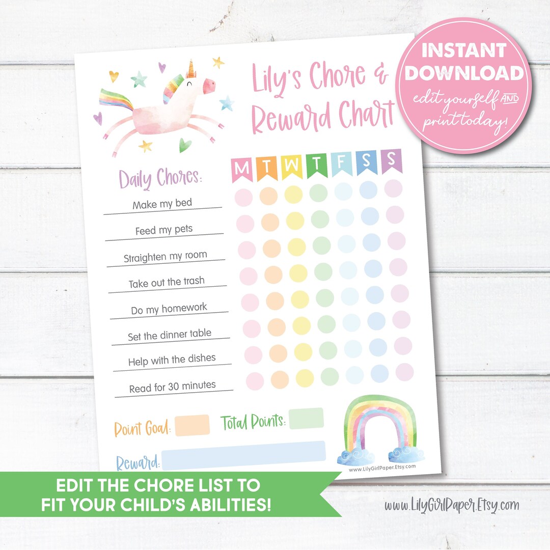 Editable Chore Chart for Kids, Unicorn Reward Chart Template, Weekly ...