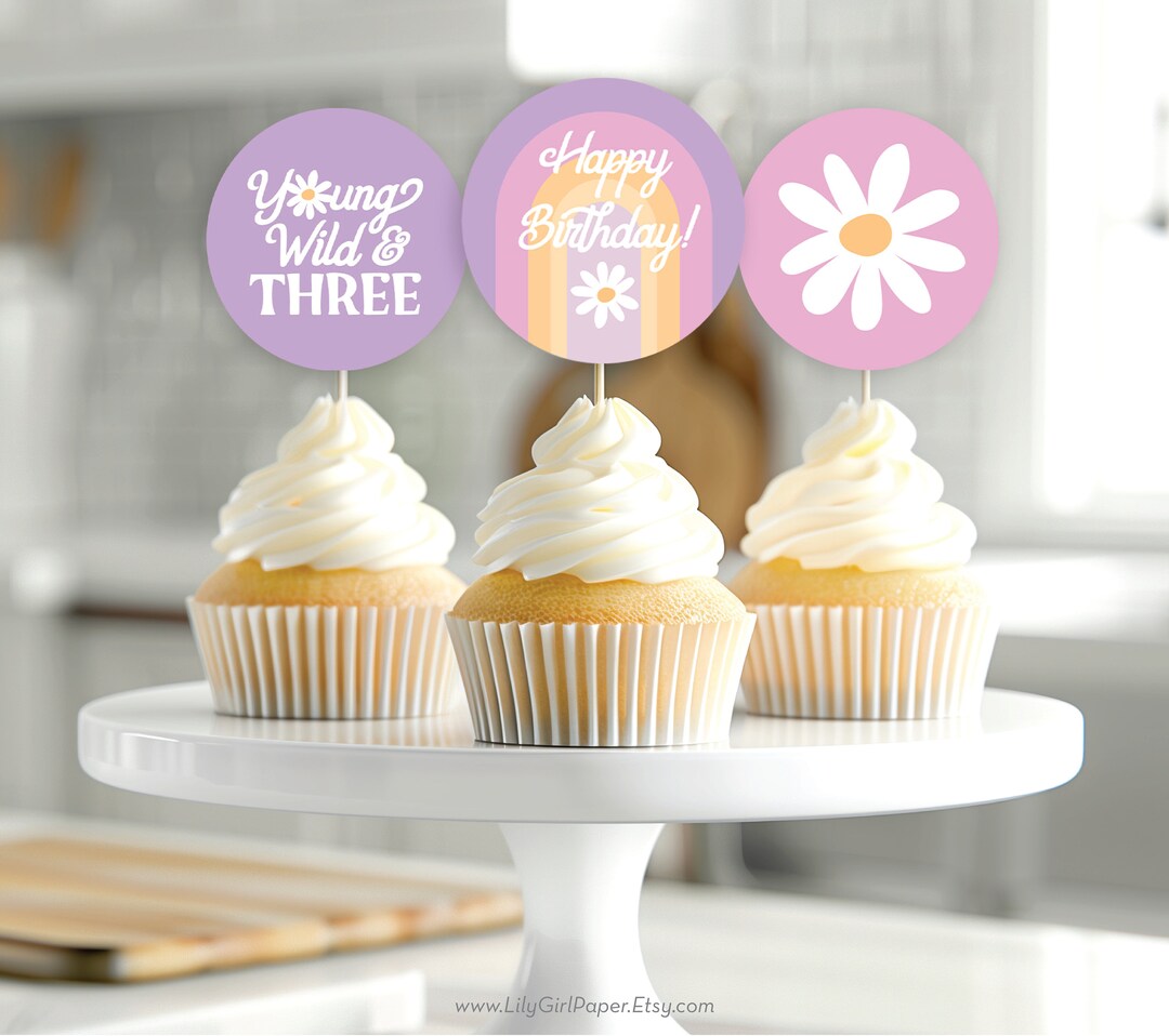 Young Wild & Three Girls 3rd Birthday Cupcake Toppers, Groovy Birthday ...