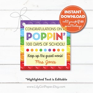 Editable Pop It 100 Days of School Tag, Poppin' 100 Days Card, Gift ...
