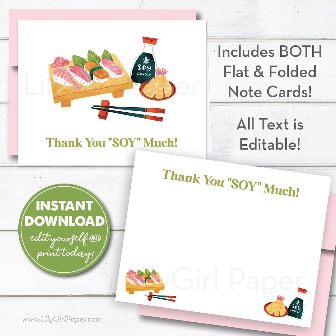 Editable Sushi Birthday Party Thank You Cards, Hibachi, Sushi Dinner ...
