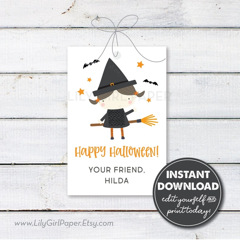 Editable Halloween Treat Gift Tag Cute Witch Happy Halloween | Etsy