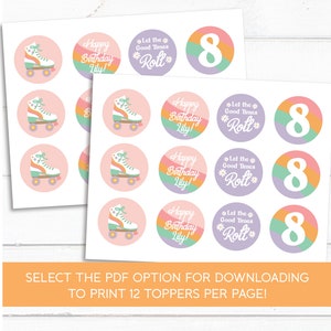Editable Groovy Roller Skate Birthday Party Cupcake Toppers, Stickers ...