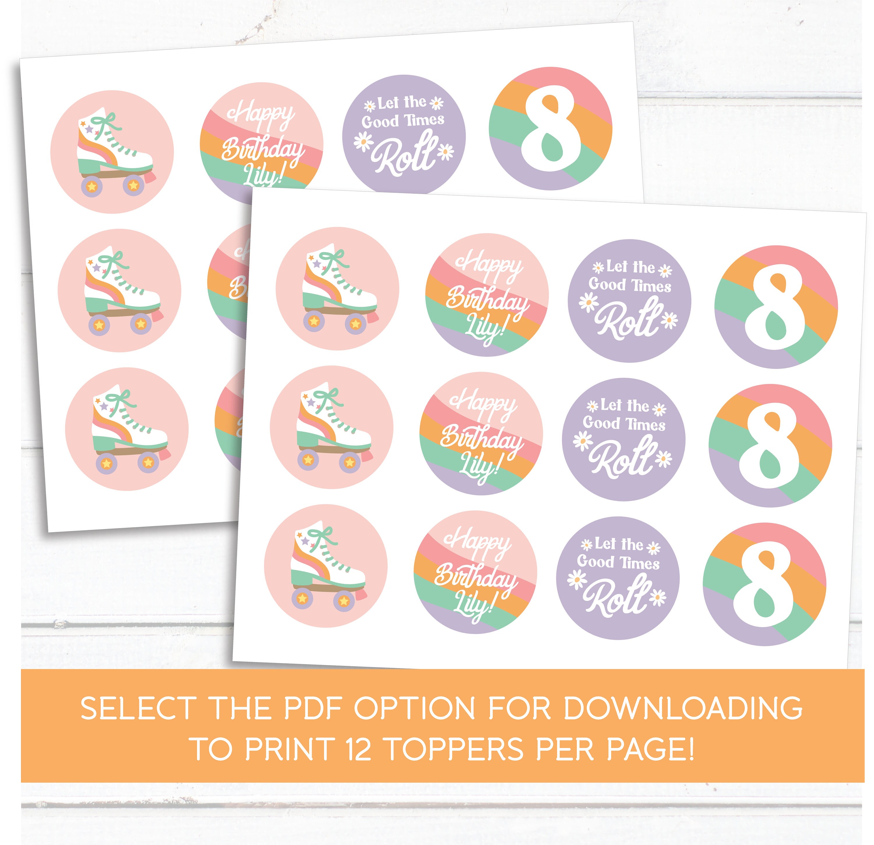 Editable Groovy Roller Skate Birthday Party Cupcake Toppers - Etsy