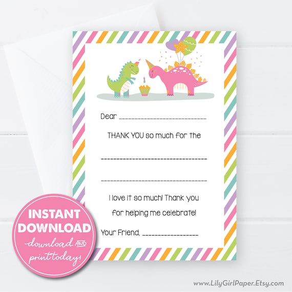 Girl Dinosaur Birthday Thank You Card, Instant Download, Printable File ...