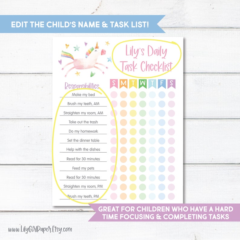 Editable Responsibility Task Checklist for Kids Unicorn - Etsy