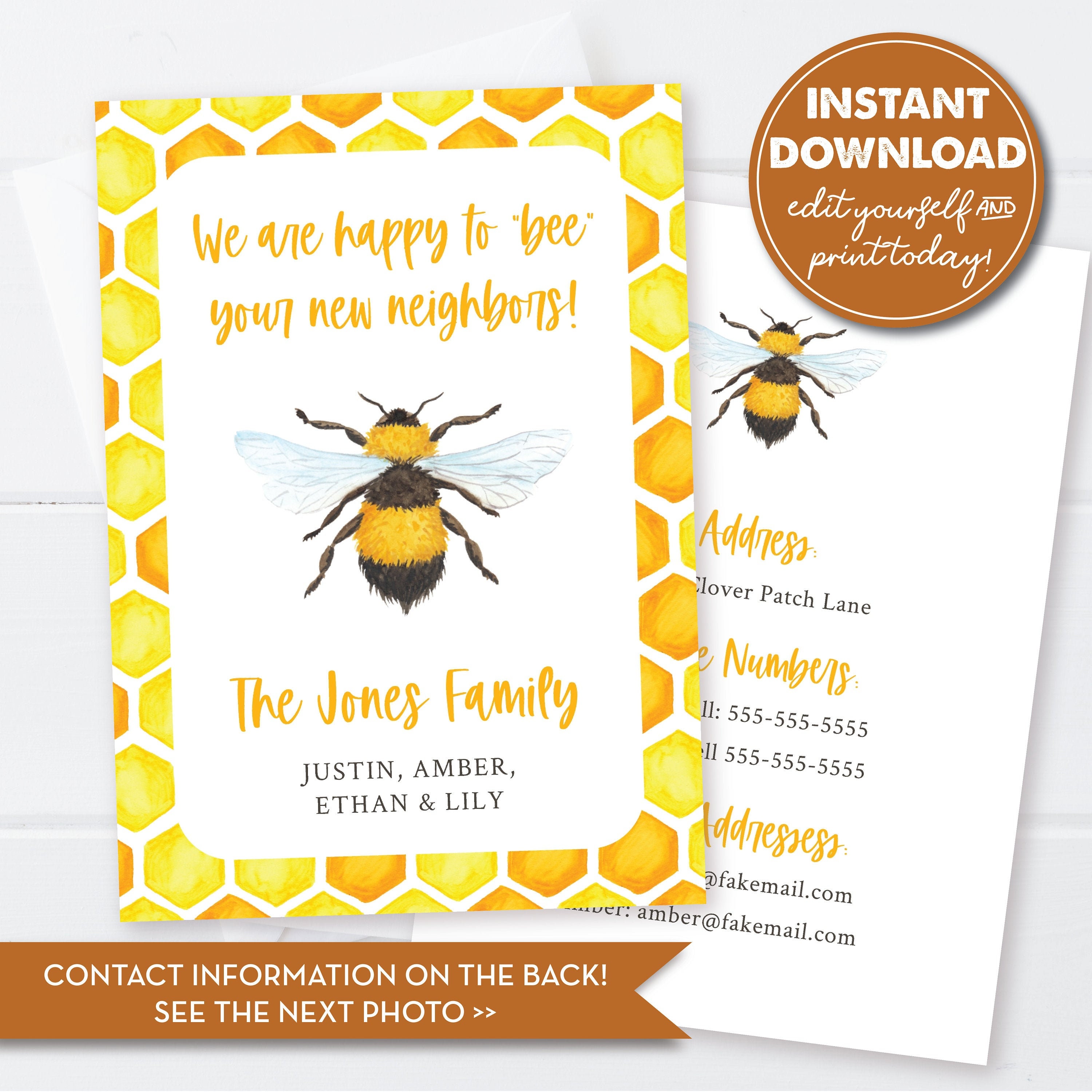 Editable New Neighbor Cards, Happy to BEE, 5x7 Card, We're New ...