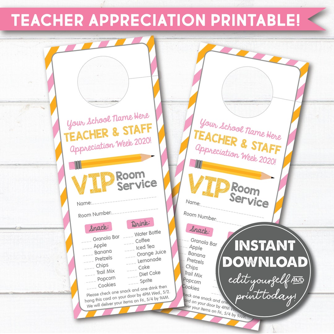Editable Teacher & Staff Appreciation Week Printable, Room Service Door ...