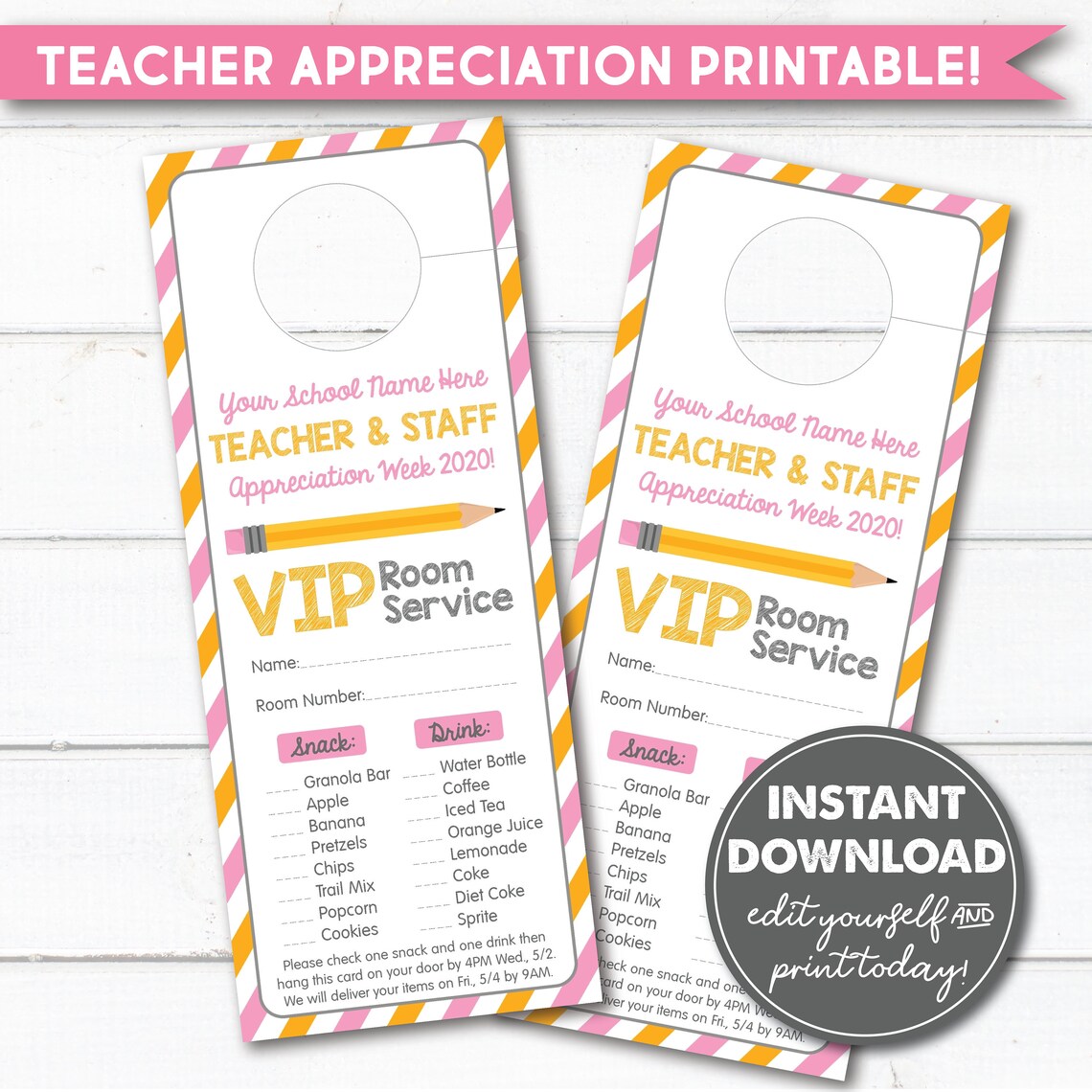 Editable Teacher & Staff Appreciation Week Printable, Room Service Door ...