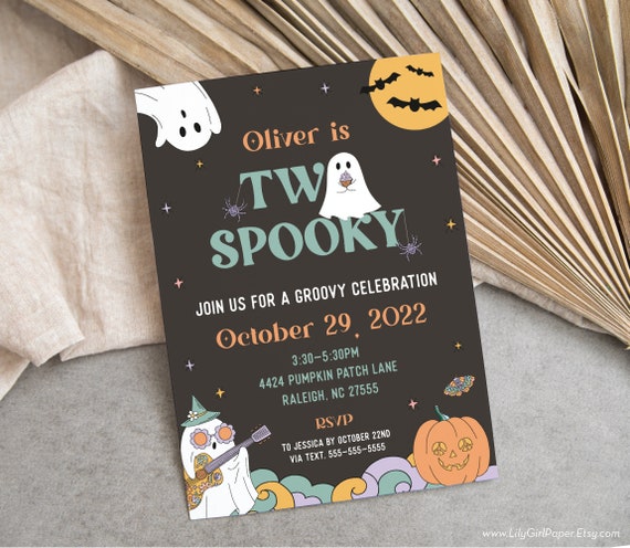 Two Spooky, Groovy 2nd Birthday Party Invitation, Retro Halloween Party ...