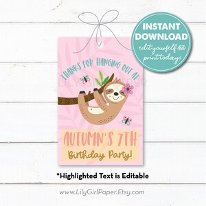 Editable Cute Sloth Birthday Party Favor Tag, Little Girl Birthday ...