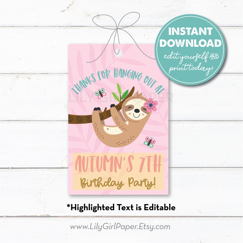 Editable Cute Sloth Birthday Party Favor Tag Little Girl | Etsy