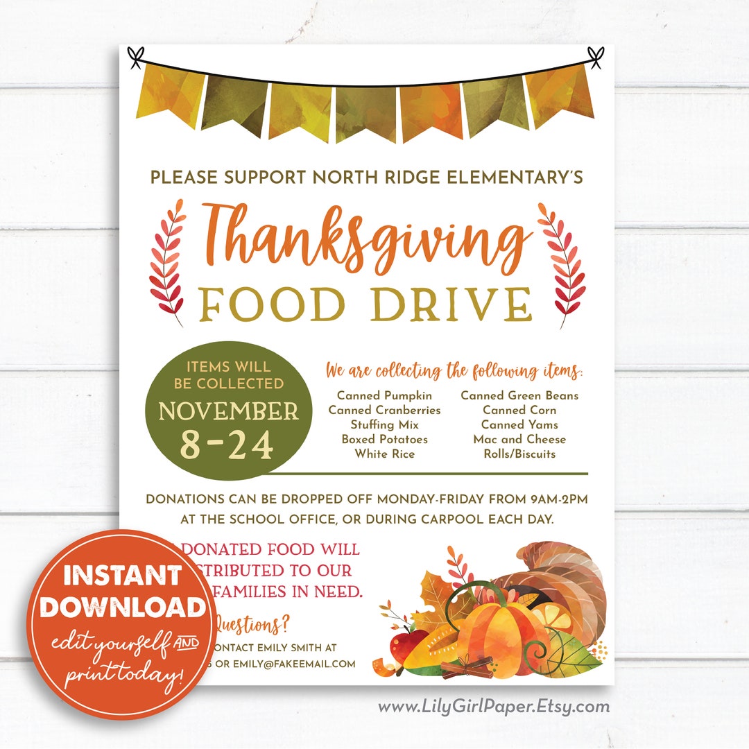 Editable Thanksgiving Food Drive Flyer: PTA/PTO, Church (template ...