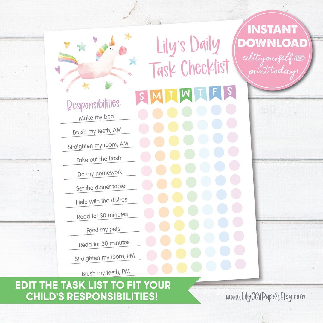 Editable Responsibility Task Checklist for Kids, Unicorn Reward Chart ...