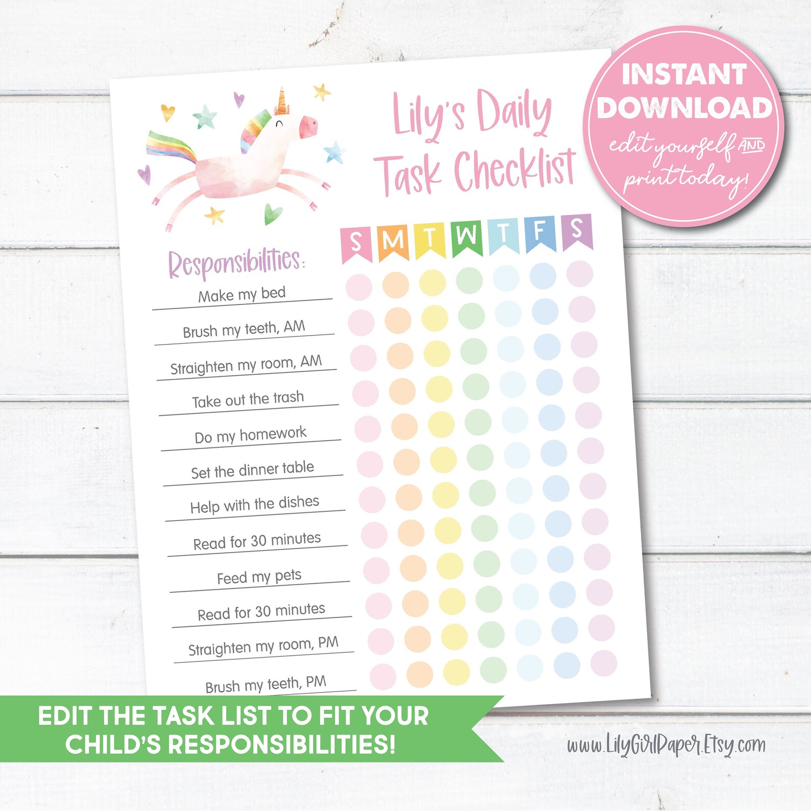 Editable Responsibility Task Checklist for Kids Unicorn - Etsy