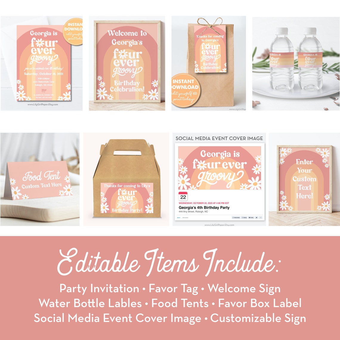 Four-ever Groovy Birthday Bundle Groovy 4th Birthday Party - Etsy