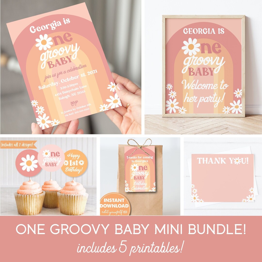 One Groovy Baby 1st Birthday Mini Bundle, Invitation, Welcome Sign ...