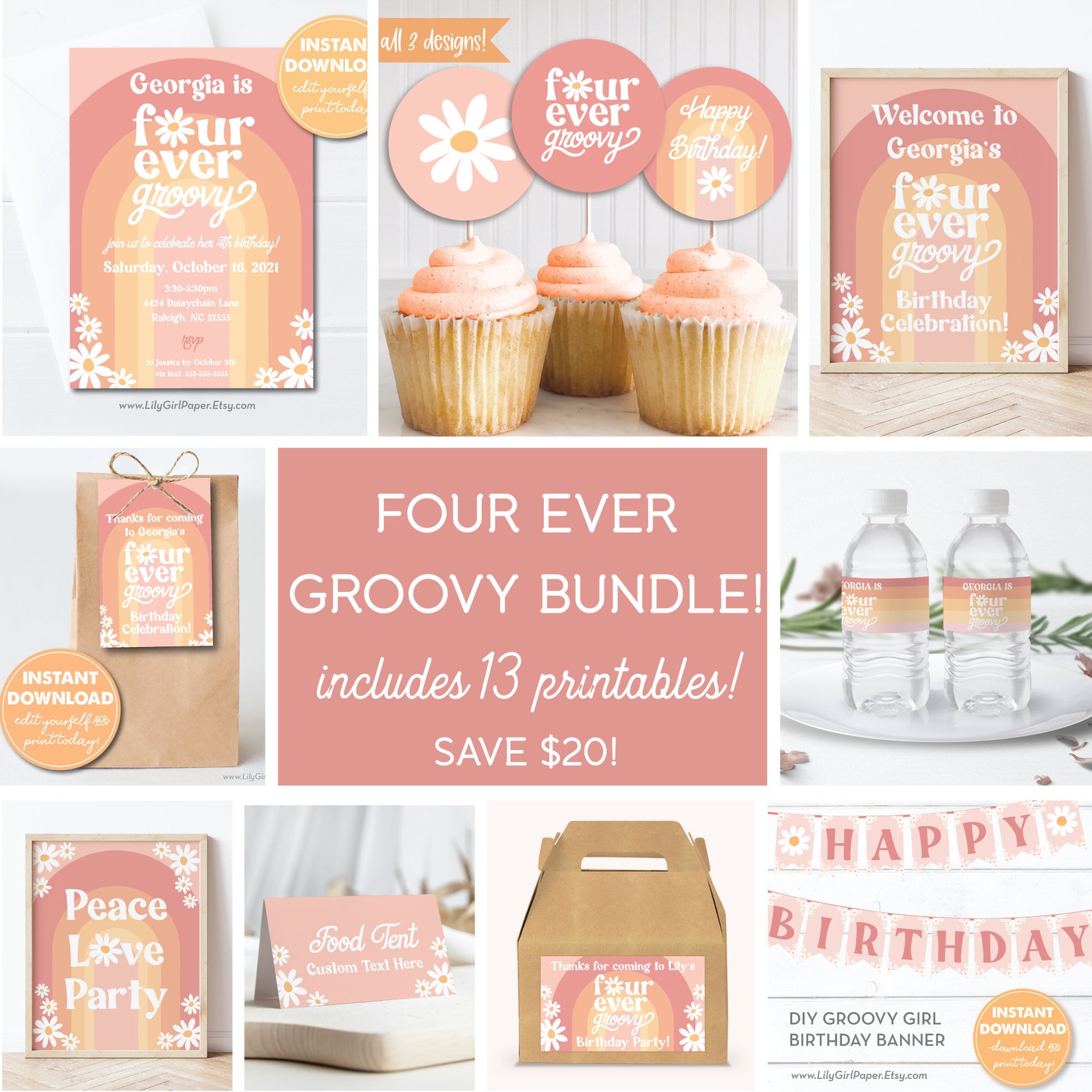 Four-ever Groovy Birthday Bundle Groovy 4th Birthday Party - Etsy