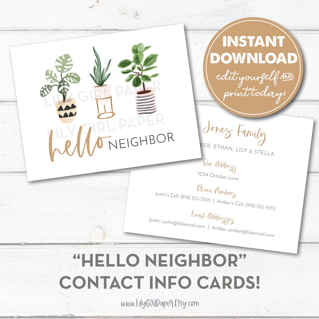 Editable Hello Neighbor Contact Information Cards, Instant Download ...