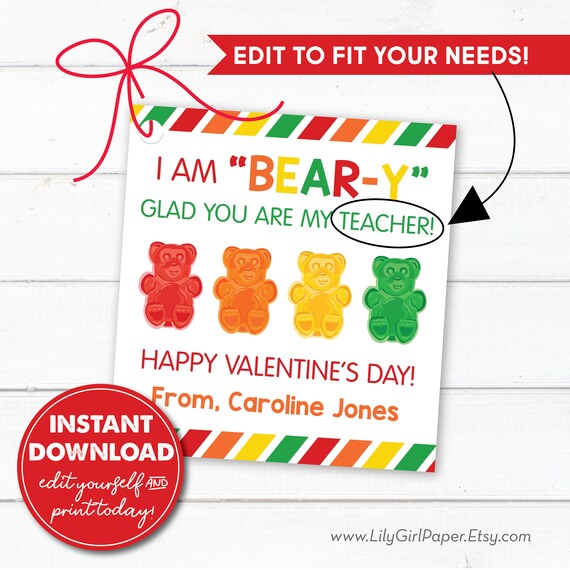 Editable Gummy Bear Valentine's Cards for Teacher, Friend, Coach ...