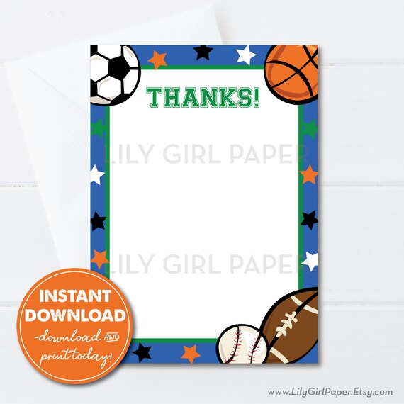 Sports Thank You Card, Instant Download, Printable File, Blank Thank ...