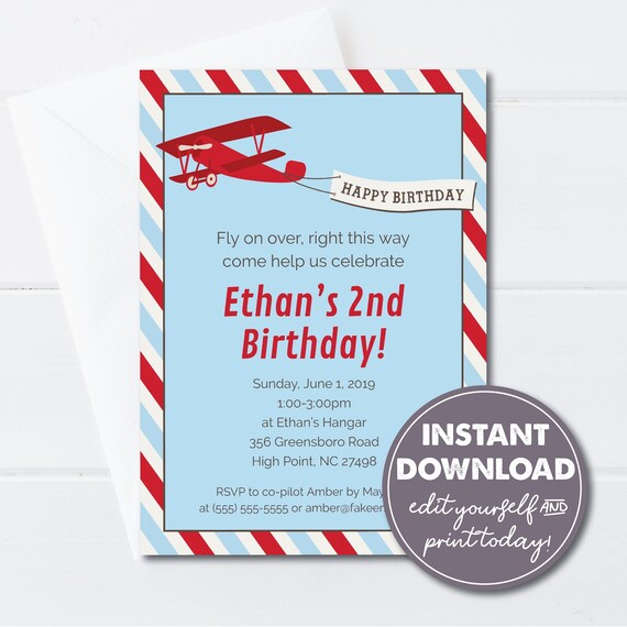 Editable Airplane Birthday Party Invitation, Boys Birthday Theme ...