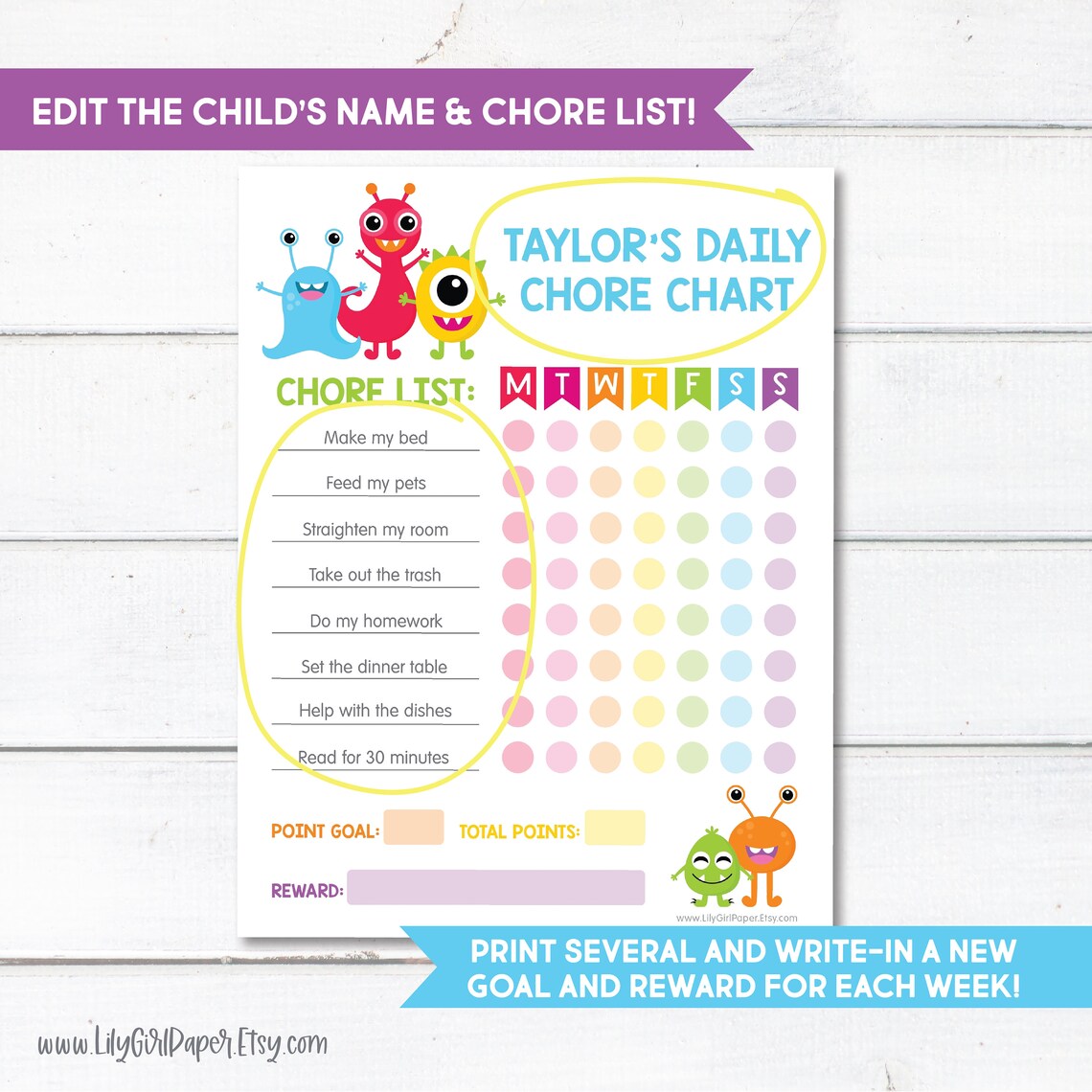 Editable Chore Chart for Kids Monster Reward Chart Template | Etsy