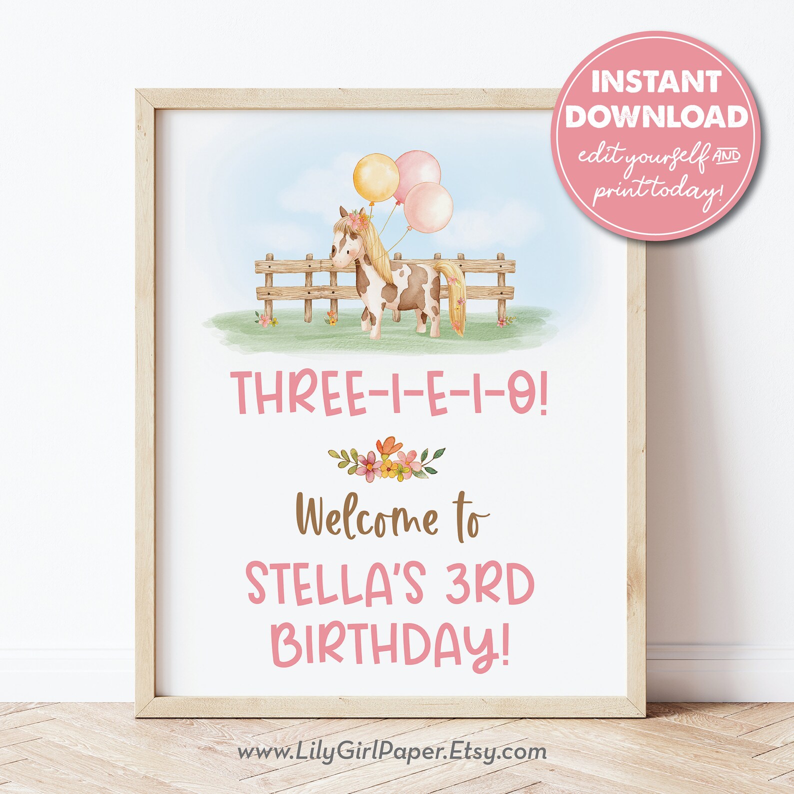 Editable Three-i-e-i-o 3rd Birthday Party Welcome Sign Template, Girl's ...
