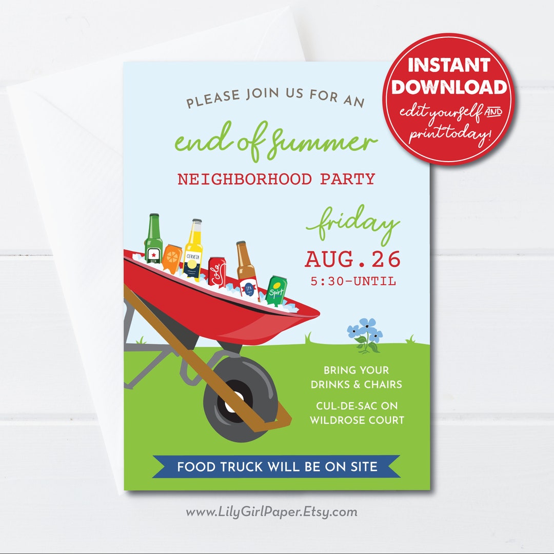 Editable End of Summer Neighborhood Party Invitation, Block Party, Food ...