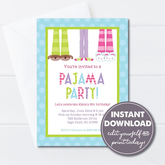 Editable Pajama Party Birthday Invitation Template Tween Girl Party