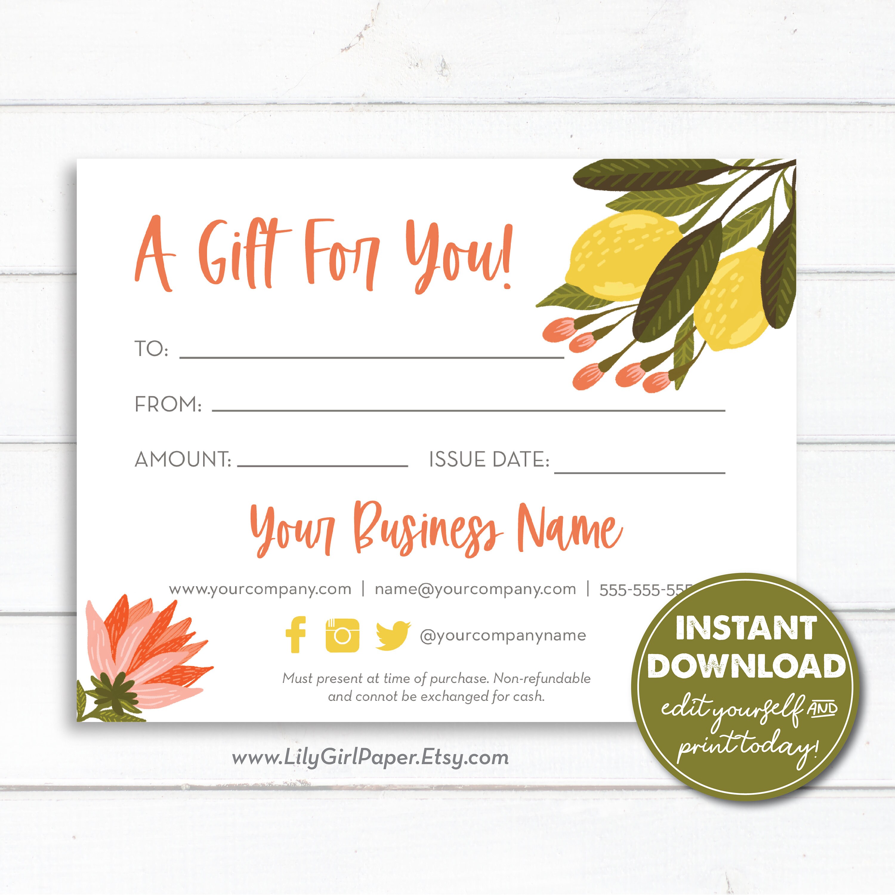 Editable Business Gift Certificate Template Lemons Instant | Etsy