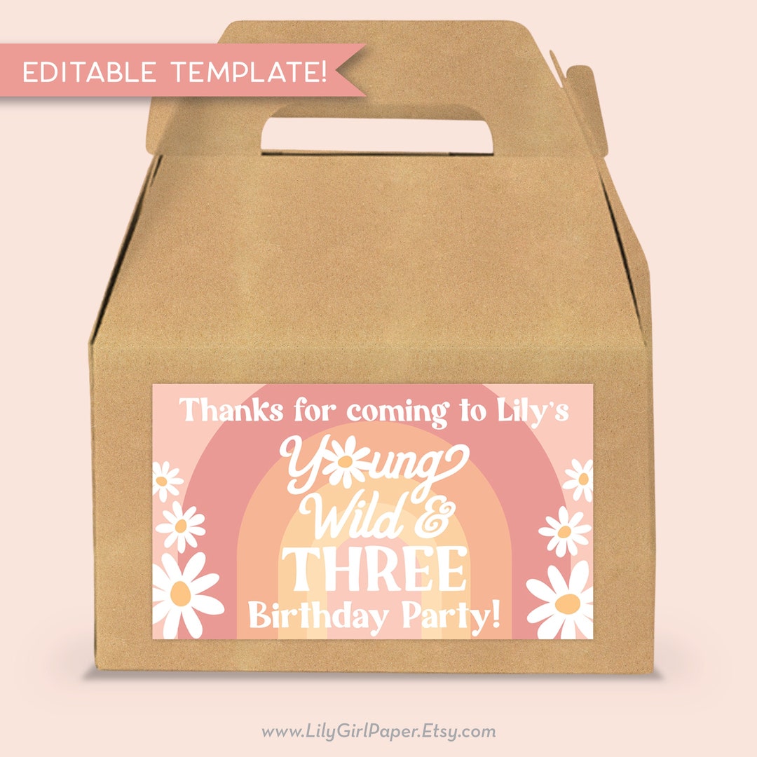 Editable Groovy Young Wild & 3, Girl's 3rd Birthday Gable Box Label ...