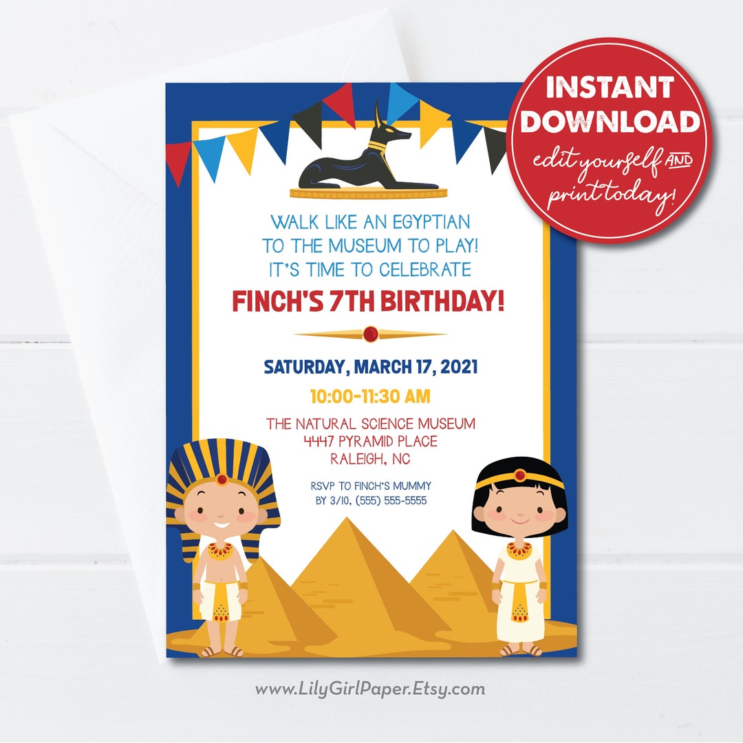 Editable Egyptian Museum Birthday Party Invitation Template, Kids ...