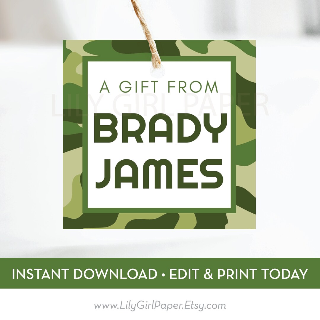 Editable, Personalized Camo Enclosure Card, Gift Tag, INSTANT DOWNLOAD ...