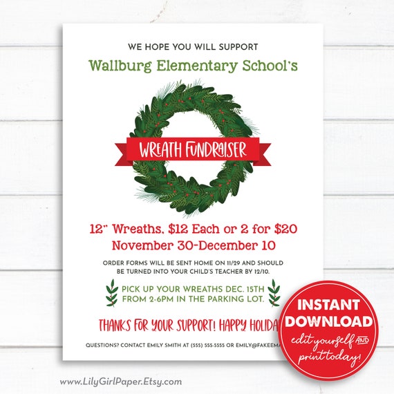 Editable Wreath Fundraiser Flyer Template 8.5x11 PTA/PTO | Etsy