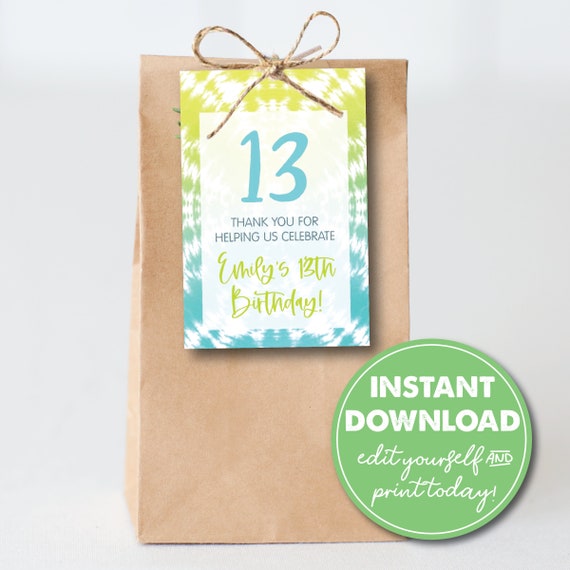 Editable Tie Dye Birthday Party Favor Tag Template, Change the # to Any ...