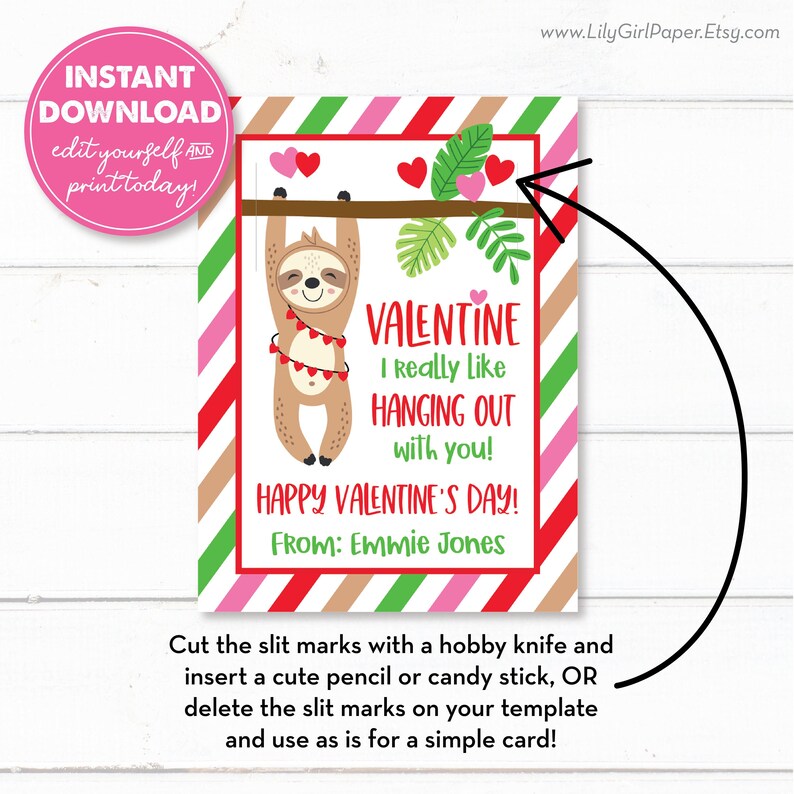 Editable Sloth Valentine's Card Template i Like - Etsy